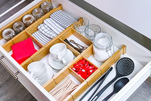 ecozoi Bamboo Drawer Divider Organizers, Set of 6 Dividers with 8 Connectors for Flexible Organizing