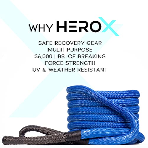 HEROX 1β x 30ft Kinetic Recovery Rope Kit - Offroad Tow Strap - Heavy Duty Tow Rope for Trucks ATV Vehicles SUV and UTV - Comes with 2 Soft Shackles and Storage Bag - Blue