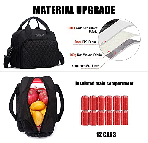Scorlia Insulated Lunch Bag for Women/Men, Reusable Lunch Cooler Box Lunch Tote, Thermal Meal Prep Lunch Organizer with Adjustable Shoulder Strap and Side Pockets for Adults, Work, Black