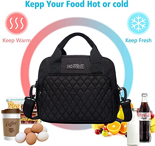 Scorlia Insulated Lunch Bag for Women/Men, Reusable Lunch Cooler Box Lunch Tote, Thermal Meal Prep Lunch Organizer with Adjustable Shoulder Strap and Side Pockets for Adults, Work, Black