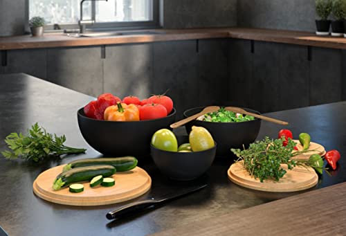 Salad Bowl Set with Lids, Bamboo Fiber Serving Bowls with Cutting Board Lids - Bowls for Kitchen - Preparing & Serving Fruits, Veggies, Chips, Dips & More, Mixing Bowl Set with Serving Utensils