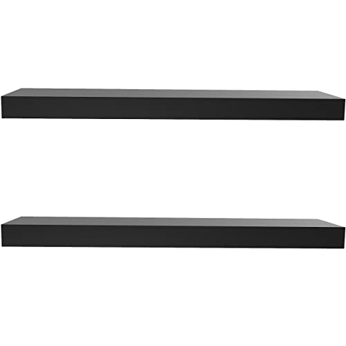 Ballucci Floating Book Shelves, 2-Pack 24" Wood Wall Mount Ledges with Invisible Brackets for Living Room, Bedroom, Bathroom, Kitchen, Nursery, 6" Deep - Black