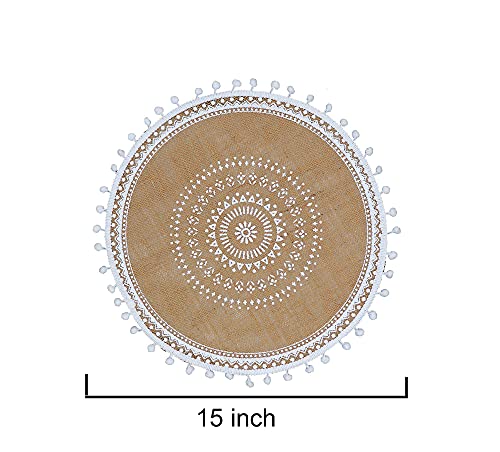 CAPASIN Round Placemats Set of 4, Dining Winter Modern Dinner Braided Beige Boho Round Table and Fall Circle Placemats Boho Runner Kitchen Table Plate Mats Set of 4 (White Ball)