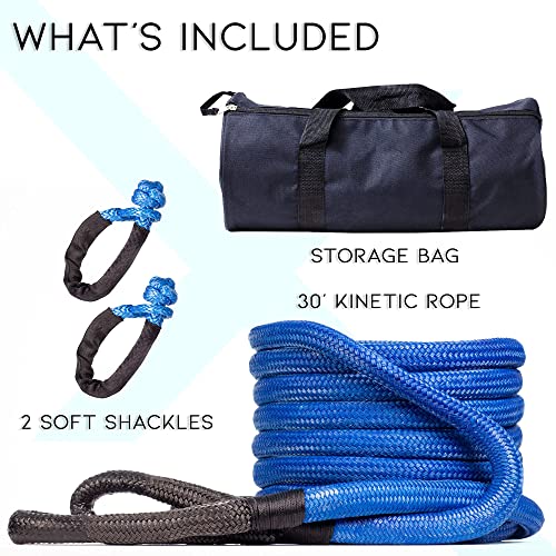 HEROX 1β x 30ft Kinetic Recovery Rope Kit - Offroad Tow Strap - Heavy Duty Tow Rope for Trucks ATV Vehicles SUV and UTV - Comes with 2 Soft Shackles and Storage Bag - Blue