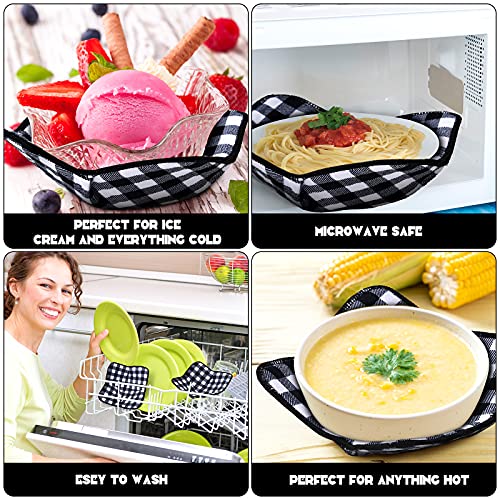 4 Pieces Buffalo Plaid Bowl holders Sponge and Microfiber Small Bowls Holder Bowl Potholders for Microwave Bowl Food Warmer for Home Kitchen and Hot Bowl Holder (Black, White)