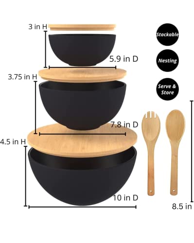 Salad Bowl Set with Lids, Bamboo Fiber Serving Bowls with Cutting Board Lids - Bowls for Kitchen - Preparing & Serving Fruits, Veggies, Chips, Dips & More, Mixing Bowl Set with Serving Utensils