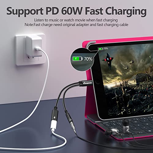 2 in 1 USB C to 3.5mm Headphone and Charger Adapter-USB C to 3.5 Headphone Jack Adapter,KOOPAO USB C PD 3.0 Quick Charging Port 60W Fast Charge Cable compatible for samsung Galaxy S23 S23+ S23 Ultra
