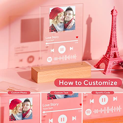 VEELU Personalized Acrylic Song with Photo - Customized spotify Music Plaque - Custom Transparent Picture Album Cover Scannable Spotif Code Night Light - Customized Gifts for Lovers