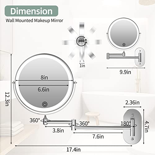 Rechargeable Wall Mounted Lighted Makeup Vanity Mirror 8 inch 1X/10X Magnifying Bathroom Mirror with 3 Color Lights, Double Sided with Dimmable LED Lights, Extended Arm 360°Shaving Light up Mirror