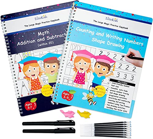 Premium Edition 11x8.5 Inch EliteKids Large Magic Practice Copybook for Kids- Kindergarten Numbers and Math 2-Book Set, Preschool K-1 Groove Number Math Workbooks with Magical Pens