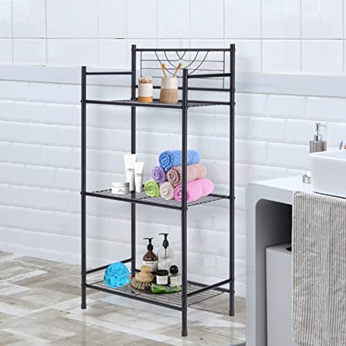 Kimzda 3-Tier Metal Shelf Free Standing Bathroom Tower Storage Rack Corner Rack for Bathroom Laundry Kitchen Office, with 4 Pieces Coat Hook, Black