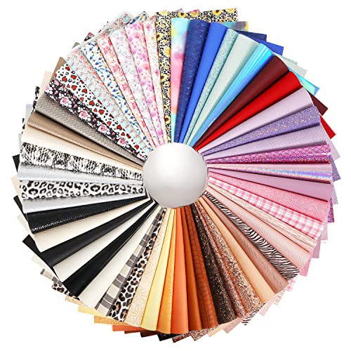 LOTOFUN 30 Pieces Random Colors Faux Leather Sheets 8X 6Inch Multiple Styles Mixed Glitter Grain Texture Embossed Leopard Pattern Printed Colored Leather for Earrings Making Hair Bow and Crafts DIY