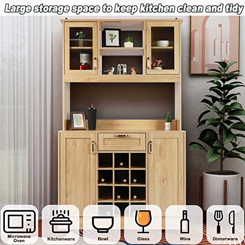 OKL Kitchen Pantry Storage Cabinet, 71" Traditional Freestanding Kitchen Buffet with Hutch with Microwave Countertop & Shelves, Kitchen Cupboard with Glass Doors for Living Room, Dining Room, Brown