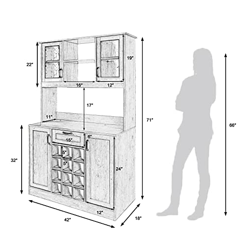 OKL Kitchen Pantry Storage Cabinet, 71" Traditional Freestanding Kitchen Buffet with Hutch with Microwave Countertop & Shelves, Kitchen Cupboard with Glass Doors for Living Room, Dining Room, Brown