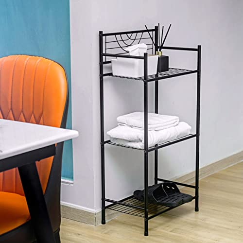 Kimzda 3-Tier Metal Shelf Free Standing Bathroom Tower Storage Rack Corner Rack for Bathroom Laundry Kitchen Office, with 4 Pieces Coat Hook, Black