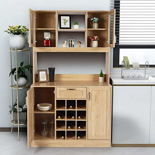 OKL Kitchen Pantry Storage Cabinet, 71" Traditional Freestanding Kitchen Buffet with Hutch with Microwave Countertop & Shelves, Kitchen Cupboard with Glass Doors for Living Room, Dining Room, Brown