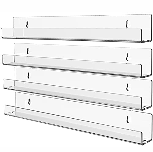 Cq acrylic 4 Pack Acrylic Clear Floating Bookshelf for Kids Room,15" Invisible Wall Mounted Hanging Book Shelves, U Modern Picture Ledge Display Toy Storage Vinyl Record Wall Shelf,Clear