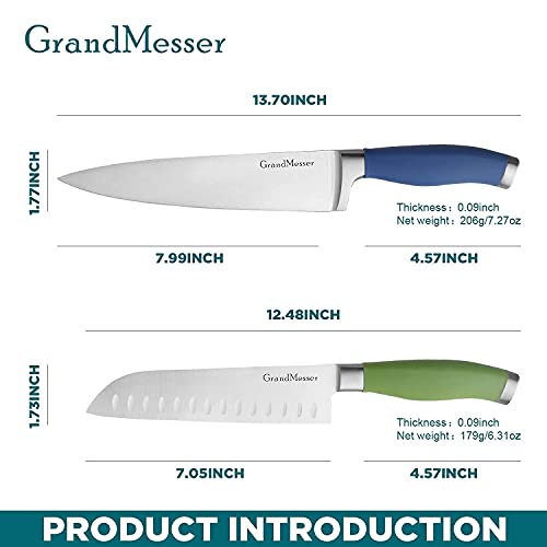 GrandMesser Kitchen Knives, 2 Piece Ultra Sharp 8 inch Chef Knife and 7 inch Santoku Knife, German Carbon Stainless Steel Forging Cooking knife Set, with Ergonomic Handle and Gift Box