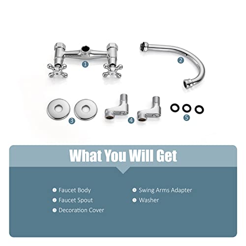 Aolemi Polish Chrome Wall Mount Kitchen Sink Faucet 3 to 9 Inch Adjustable Spread Double Cross Handle Mixer Tap