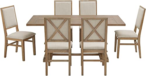 Crosley Furniture Joanna 7-Piece Dining Set with Table and 6 Upholstered Back Chairs, Rustic Brown/Creme