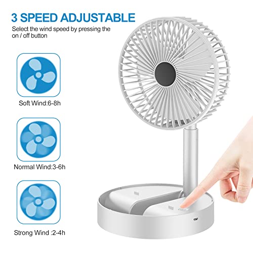 Maelifu Folding Fan Quiet 3- Speed Wind Highly Stretchable Simulated Natural Wind 180 ° Adjustment Battery Powered or USB Powered Home Desk Bedroom Portable Travel Mini Decorative Fan (White) (White)