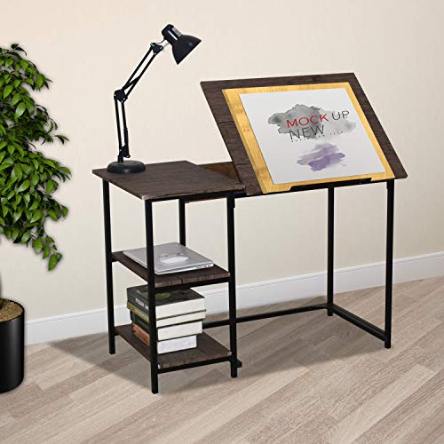 RAAMZO Drafting Table, 44” Drawing Table with Adjustable Tiltable Tabletop, Multi-Function Office Desk with Storage Shelves, Computer Laptop Writing Workstation for Painting, Vintage Brown/Black