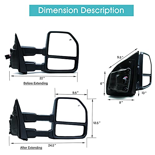 BOOLEE Towing Mirrors fit for 2020 2019 2018 2017 2016 2015 Ford F150 Pickup Truck LED Turn Signal Light Temperature Sensor Heated Defrost Power Adjustable Glass Black Housing 8 Pin Plug