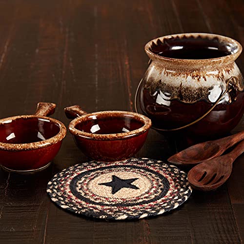 VHC Brands Colonial Star Trivet Hot Pad for Pots Pans, Tan Black Red, Jute Blend, Round Circle, 8 Inches