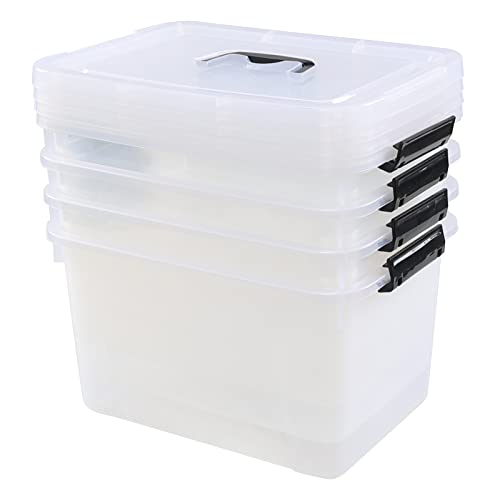Yesdate 4 Pack 10.5 Quart Plactic Storage Latch Bin, Lidded Box with Black Handle, Clear