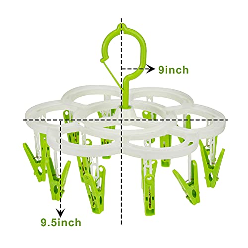 Bobrv Clothes Hangers with 16 Clips, Sock Underwear Baby Hanger, Hanging Drying Rack, Plastic Laundry Clip and Drip Clothespin Rack for Towel, Hat, Scarf, Green, 9 x inches