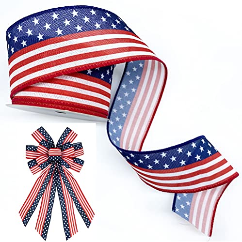 Hying 4th of July Patriotic Ribbons 2.5" X 10 Yards, American Flag Wired Edge Ribbons Stars Stripes Ribbons Blue Red Burlap Ribbon Memorial Day Ribbons Bow for Wreath Gift Wrapping Decorations