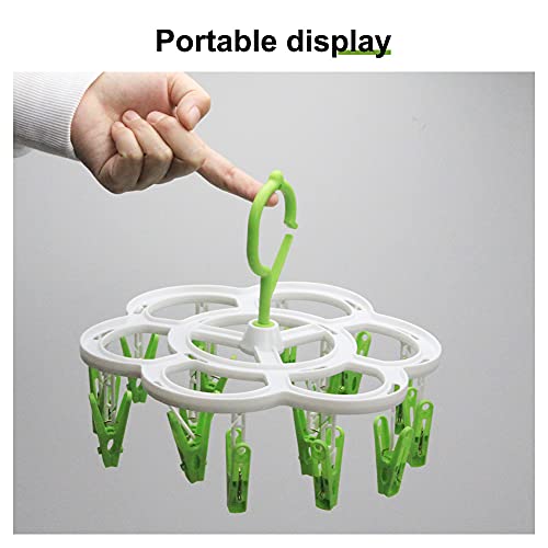 Bobrv Clothes Hangers with 16 Clips, Sock Underwear Baby Hanger, Hanging Drying Rack, Plastic Laundry Clip and Drip Clothespin Rack for Towel, Hat, Scarf, Green, 9 x inches