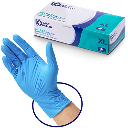 Safe Health Blue Nitrile Exam Gloves, 90-Count S M L XL, 3.5 Mil Free of Powder-Latex, Disposable-Textured, Clinic-Office-Daily, Medical, First-Aid, Clinics, Extra-large (Xl) Box 90, FIY1064G