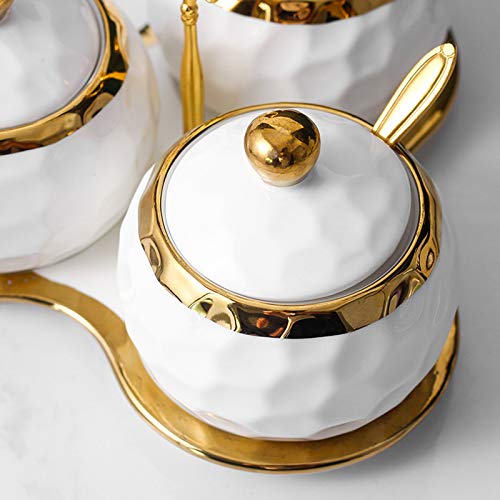 BIHOIB Golf Porcelain Sugar Bowl Condiment Pot Salt Container with Lid, Spoon and Tray, Set of 3, Modern Spice Box Seasoning Jar, White and Gold