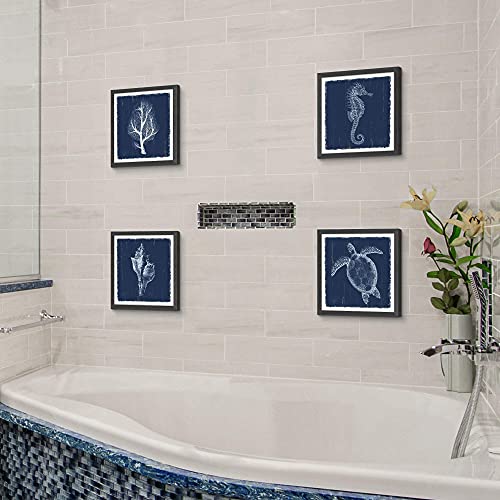 Sea life Art Framed Artwork: Coastal Pictures Ocean Theme Square Collection Set of 4 Wall Decor Set Prints for Bedroom (Multi-Style)