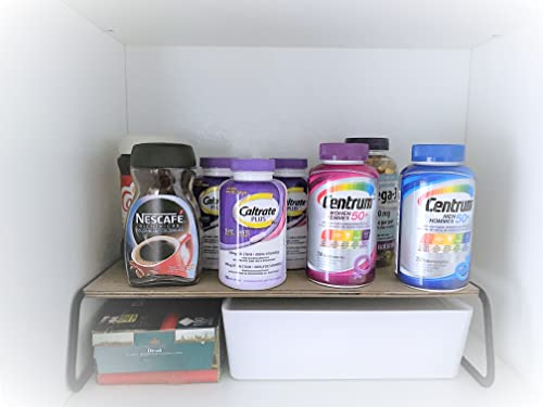 Pantry Shelf Cupboard Organizers Kitchen Cabinet, 2 Tier Stackable Organizers for Counter Pantry Storage Bathroom Bedroom Office Table Desk Space Saving Steel Frame Wooden Board Rust Resistant Black