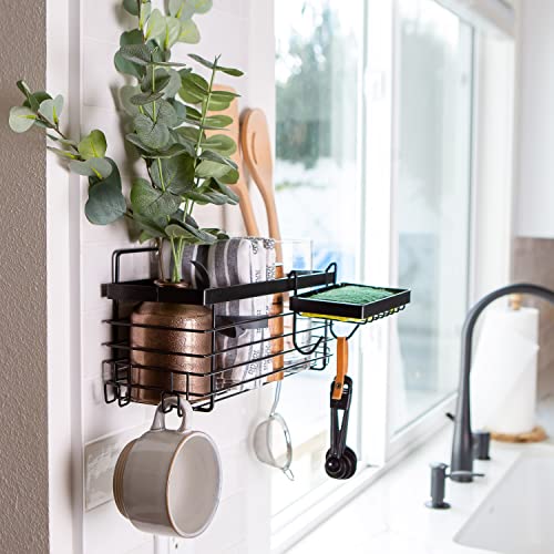 Shower Wall Caddy with Removable Soap Holder β Rustproof Black Metal Hanging Bathroom Shower Organizer Rack β 6 Sturdy Hooks for Storage β Adhesive Mounts & Mini Bubble Level for Easy Install