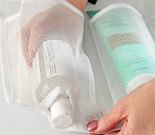 Home-X Hanging Mesh Shower Organizer, Bathroom Shower Organizer for Essentials, Shower Storage Pockets for Shampoo, Conditioner, Soap, and More, 17 ¼" L x 15 ¾" W, White