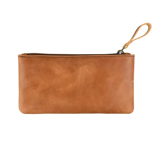 AZXCG Leather Pencil Case, Vintage Leather Pencil Pouch with Zipper, Handmade Pen Case, Pouch Stationery Bag, Makeup Pouch Bag for Adults/Girls/Teens/Students Art School and Office Supplie, Brown