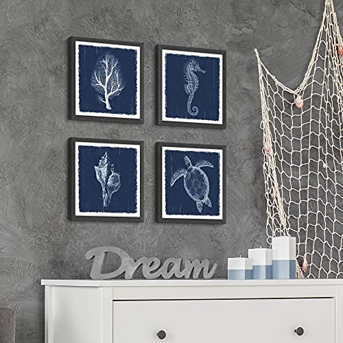 Sea life Art Framed Artwork: Coastal Pictures Ocean Theme Square Collection Set of 4 Wall Decor Set Prints for Bedroom (Multi-Style)