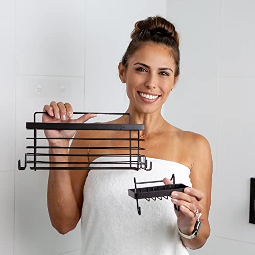 Shower Wall Caddy with Removable Soap Holder β Rustproof Black Metal Hanging Bathroom Shower Organizer Rack β 6 Sturdy Hooks for Storage β Adhesive Mounts & Mini Bubble Level for Easy Install
