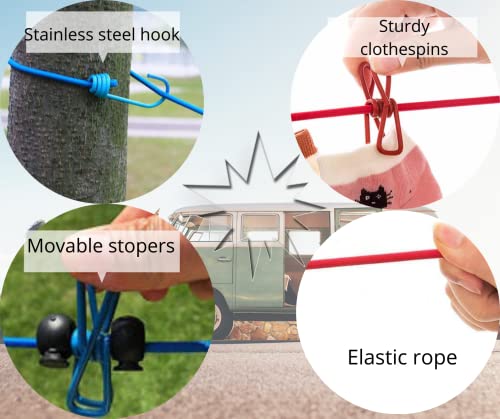 3 Pack Portable Clothesline Windproof Laundry Elastic Travel Clotheslines for Backyard & Balcony Camping on Boat Vacation Hotel Stretchy Retractable Indoor Outdoor Clothes line with 12 Clothespins