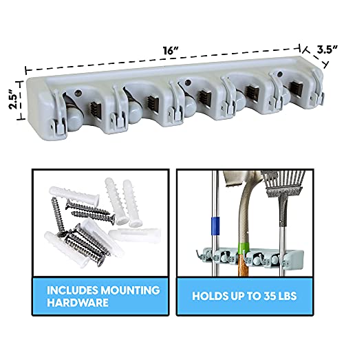 INNOVATEX Garage Tool Storage Rack Mop and Broom Holder Wall Mount Organizer, 5 Clamp Hanger Slots for Rakes, Shovels, Garden Yard Tools, Kitchen and Utility Use, 6 Hanging Hooks for Small Items