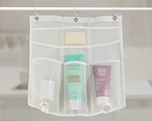 Home-X Hanging Mesh Shower Organizer, Bathroom Shower Organizer for Essentials, Shower Storage Pockets for Shampoo, Conditioner, Soap, and More, 17 ¼" L x 15 ¾" W, White