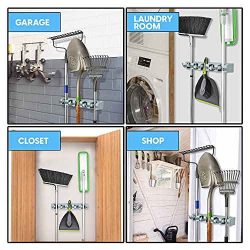 INNOVATEX Garage Tool Storage Rack Mop and Broom Holder Wall Mount Organizer, 5 Clamp Hanger Slots for Rakes, Shovels, Garden Yard Tools, Kitchen and Utility Use, 6 Hanging Hooks for Small Items