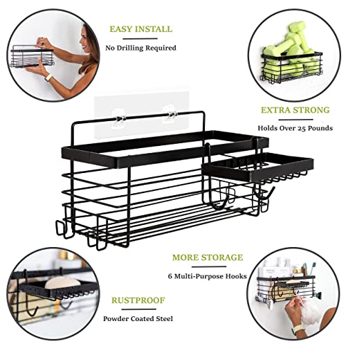 Shower Wall Caddy with Removable Soap Holder β Rustproof Black Metal Hanging Bathroom Shower Organizer Rack β 6 Sturdy Hooks for Storage β Adhesive Mounts & Mini Bubble Level for Easy Install