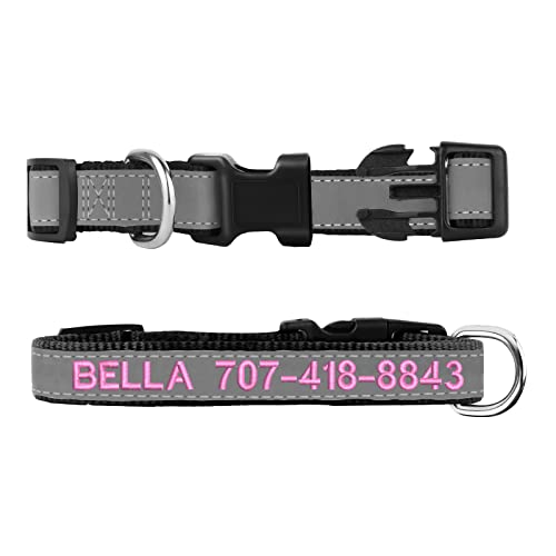 Reflective Personalized Dog Collar - Custom Embroidered Dog Collars with Pet Name and Phone Number for Boy and Girl Dogs, 4 Adjustable Sizes, XSmall,Small, Medium and Large