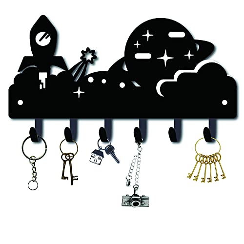 CREATCABIN Key Holder Metal Space Theme Universe Space Hook Hanger Wall Decorative Mounted Coat Hanger Design Organizer Rack with 6 Hooks for Wall, Bathroom, Kitchen, Entryway
