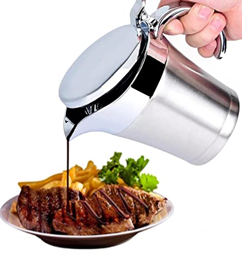 FOXDISK 304 Stainless Steel Double Insulated Gravy Boat 16 oz with Hinged Lid,Sauce Jug and Steak Sauce Pot Double Walled Insulated Thermal (16 oz/450ml)