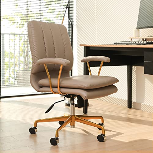 LEAGOO PU-Padded Office Desk Chair, 130° Tiltable Mid-Back Ergonomic Chair Computer Chair, Swivel Executive Office Chair, Home Office Desk Chairs with Upholstered Armrest & Thickened Cushion